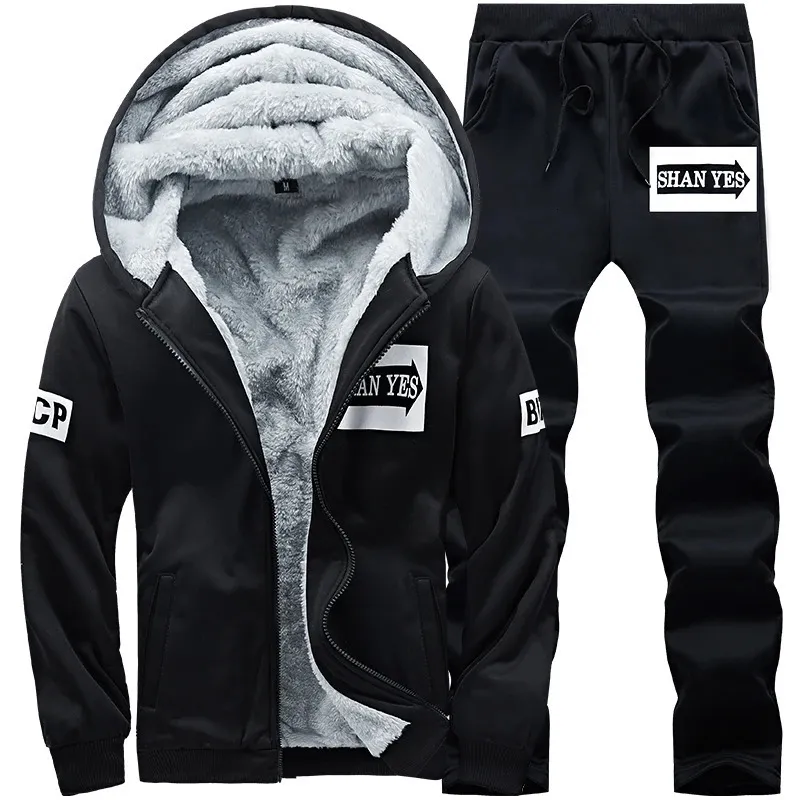 Men's Warm Winter Hooded Jacket & Thick Fleece Tracksuit Set - Wool ...