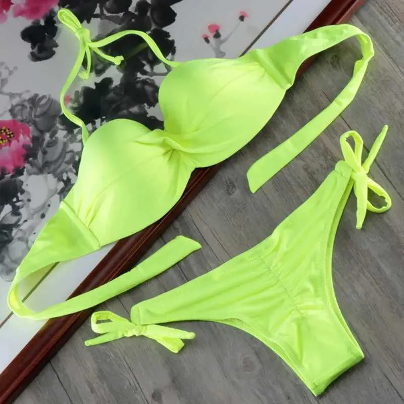 Ruffle Bun Lime Green Bikini Set For Women Push Up Bandage Swimsuit In ...