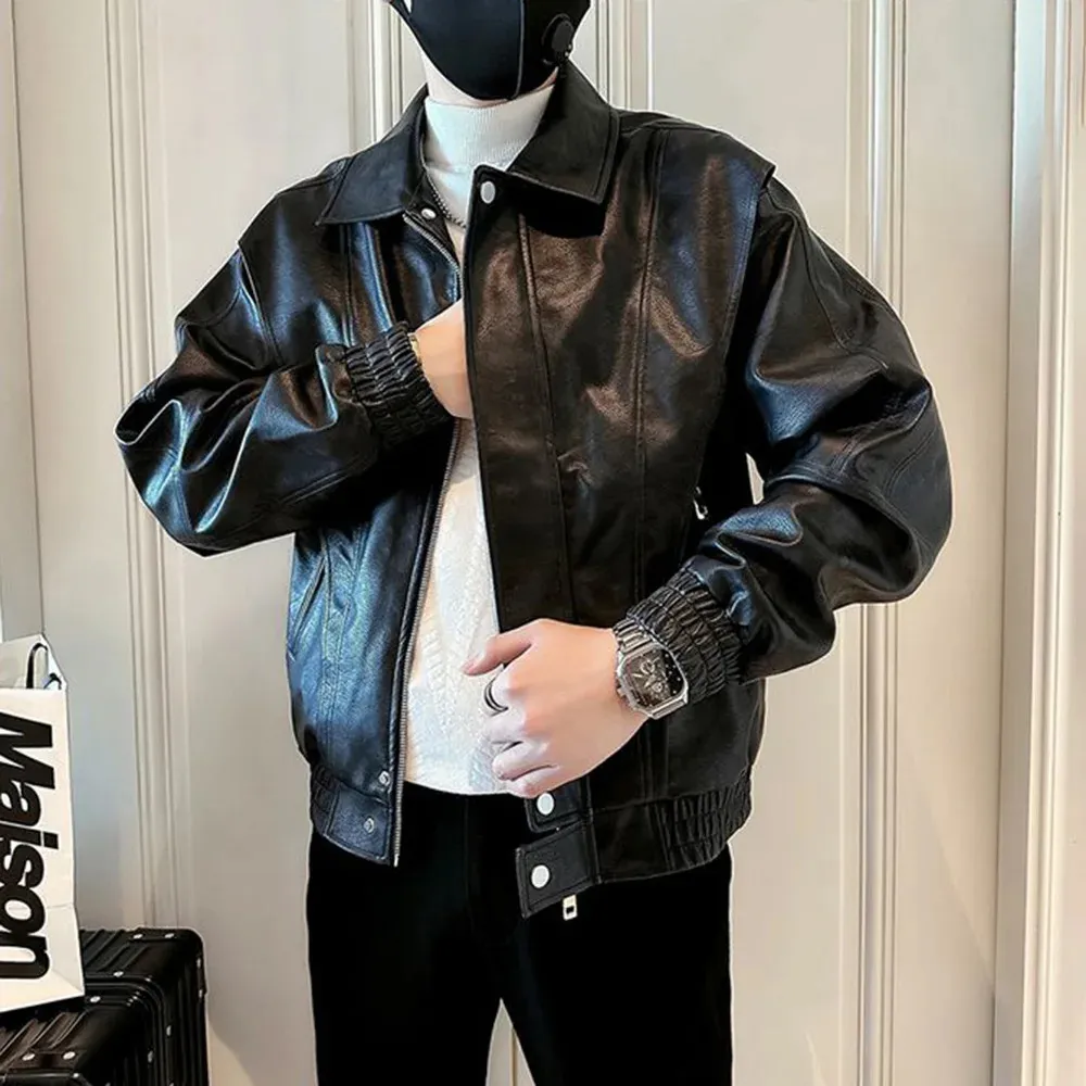 Men's Leather Jacket Pocket Zipper Autumn Casual Streetwear Trend Daily ...