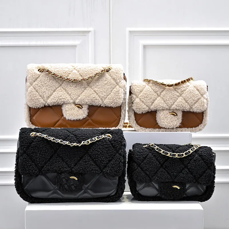 Designer Sheep Wool Shearling Shoulder Bag With Diamond Plaid And Gold ...