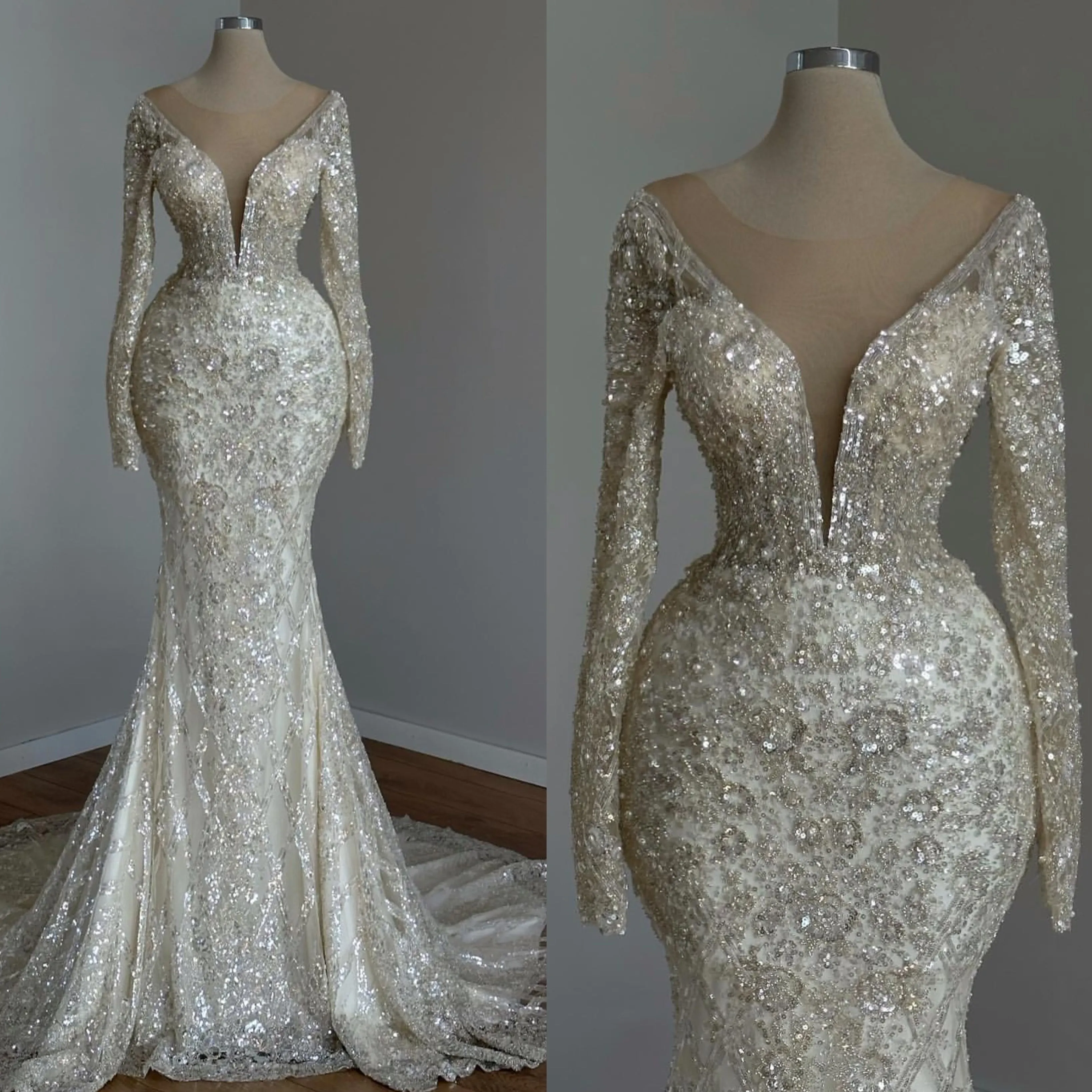 Arabic Beaded Glitter Wedding Dress Mermaid With Sheer Neckline And ...
