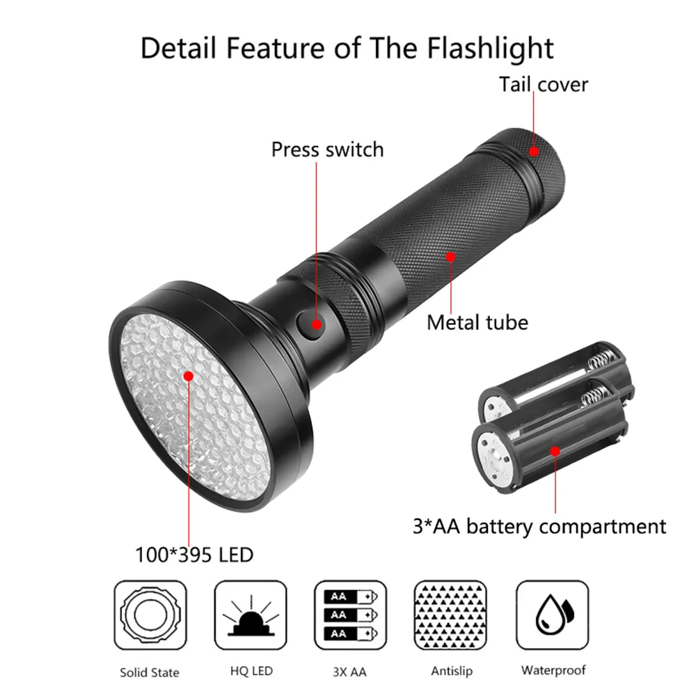 Upgraded 100LED 395nm UV Flashlight, Ultraviolet Black Light Pet Urine ...