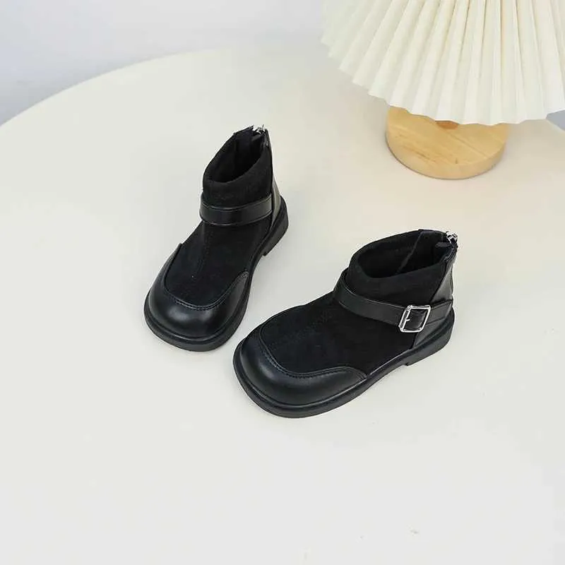 Black Patchwork Ankle Boots for Girls - Cotton, Anti-Slip, Short ...