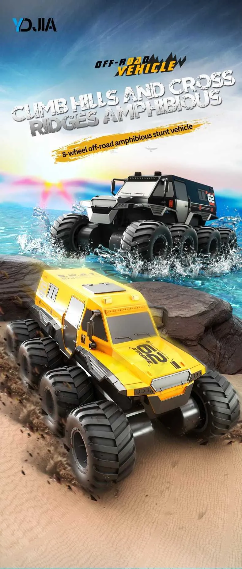 8x8 RC Car 8WD Off Road Amphibious Stunt Car 8 Wheel Racing Waterproof ...