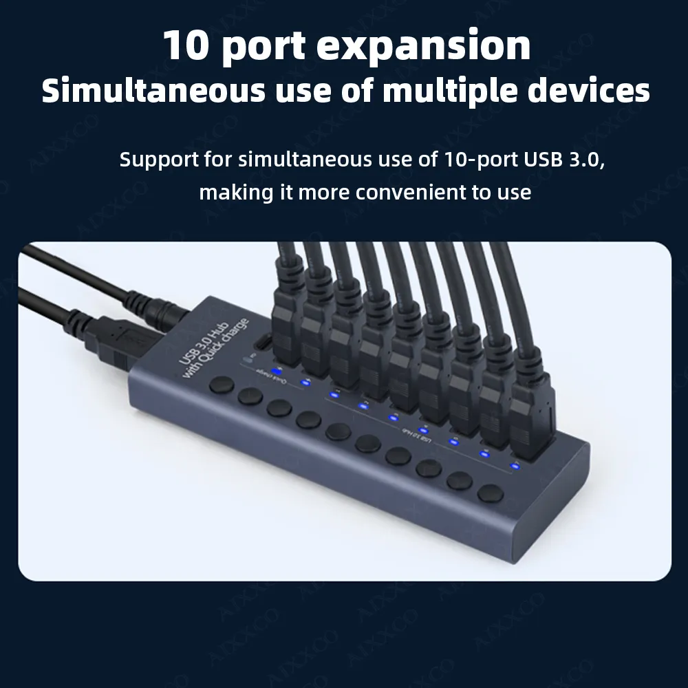 10 Ports USB 3.0 Hub with External 12V Power Supply and 2.4A Fast ...