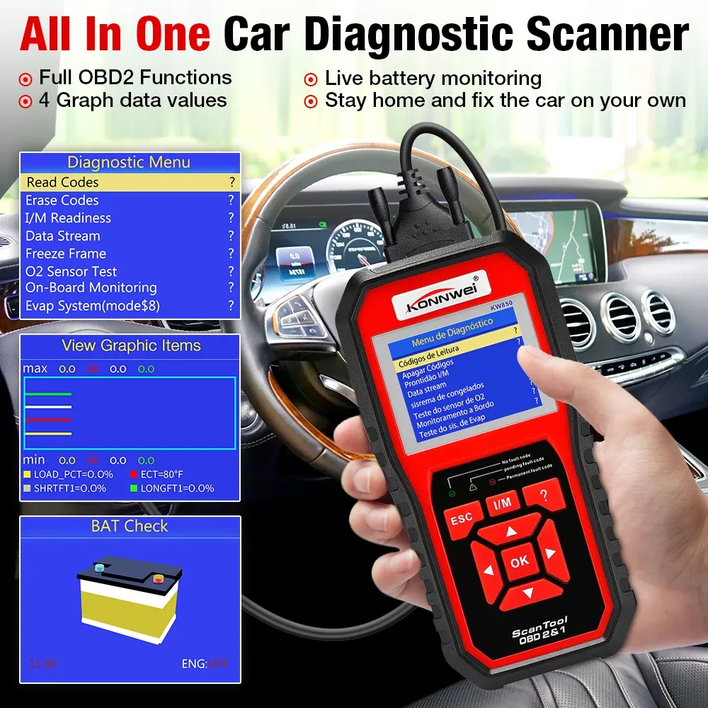 KONNWEI KW850 Pro OBD2 Scanner Car Diagnostic Tool for Engine Fault ...