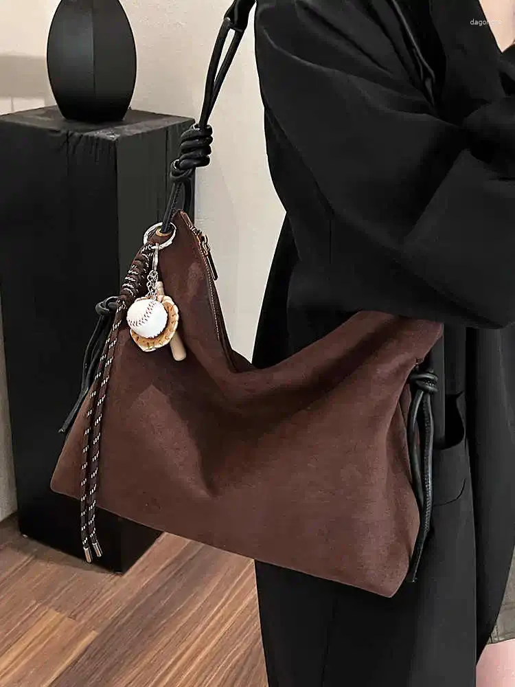 Vintage Suede Drawstring Shoulder Bag for Women - Large Capacity Tote ...