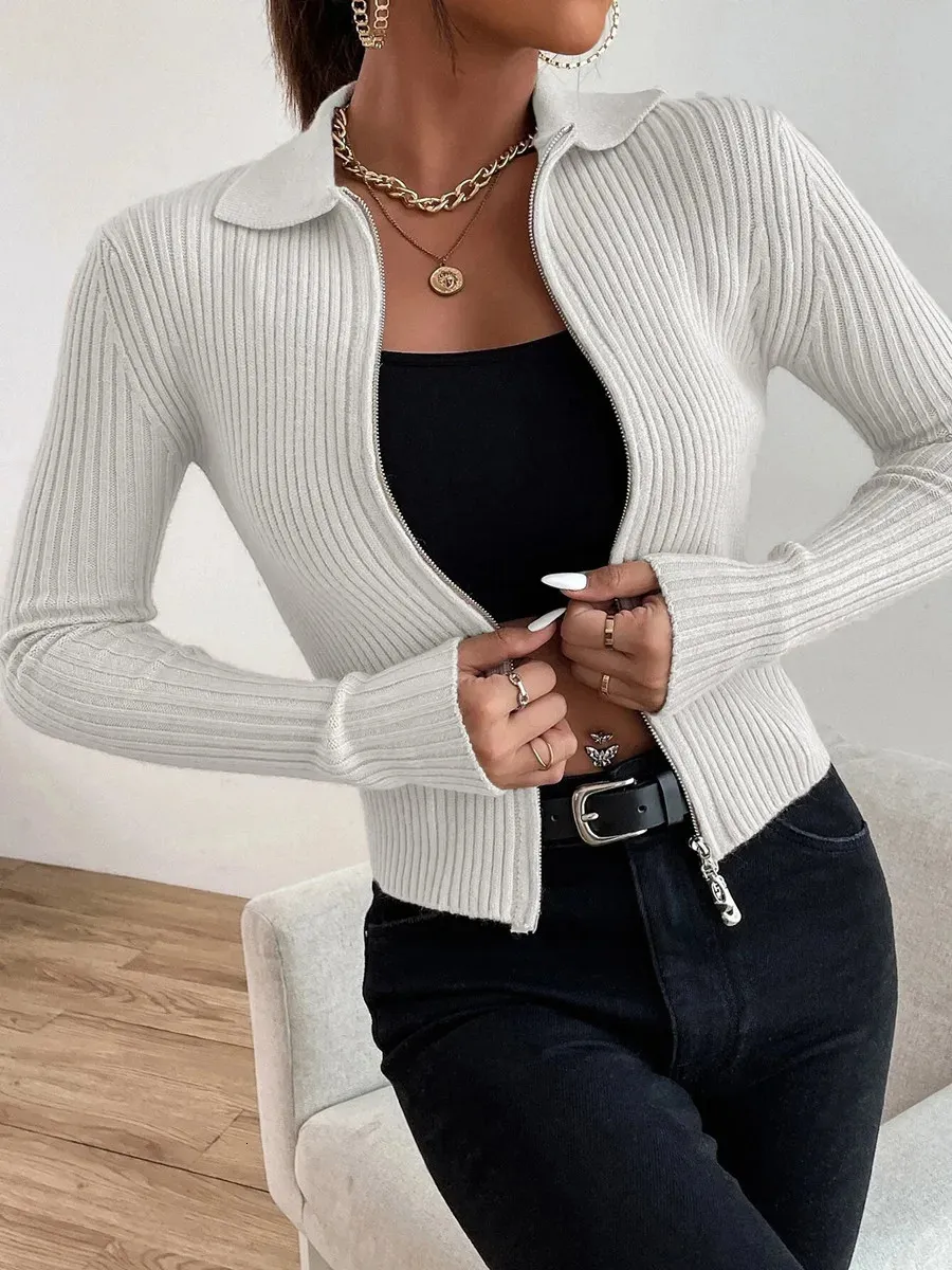 Women's Double Zipper Knitted Crop Sweater - Open Collar, Long Sleeve ...