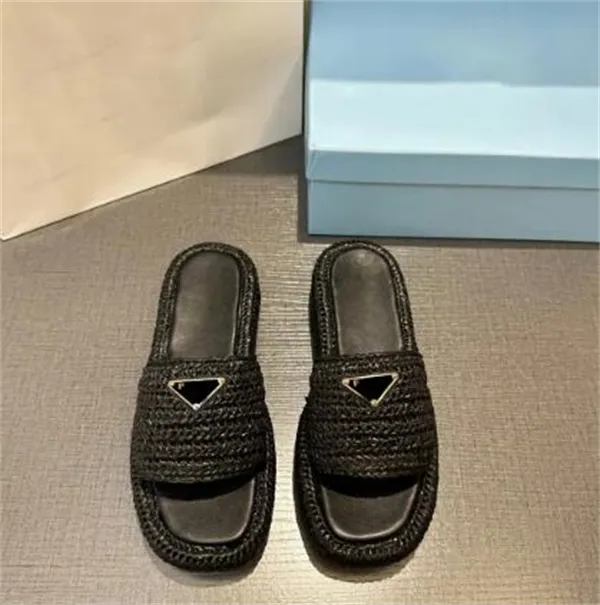 Designer Straw Weave Sandals Women White Luxury Triangle Buckle Slides ...