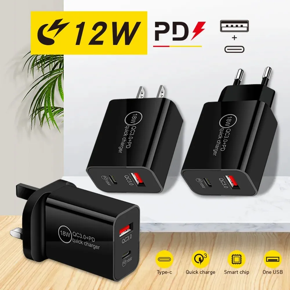 PD 12W + QC3.0 Fast USB Charger - 2 Ports Type-C Power Adapter 5V 2A ...