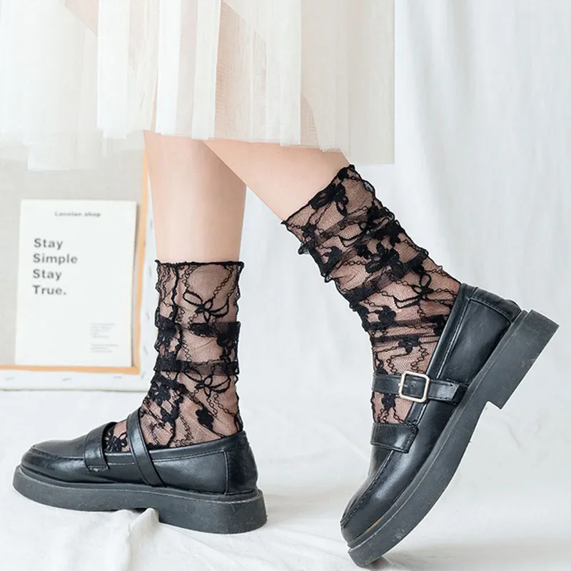 Womens Summer Mesh Lace Socks Breathable Butterfly Pattern Thin Middle ...