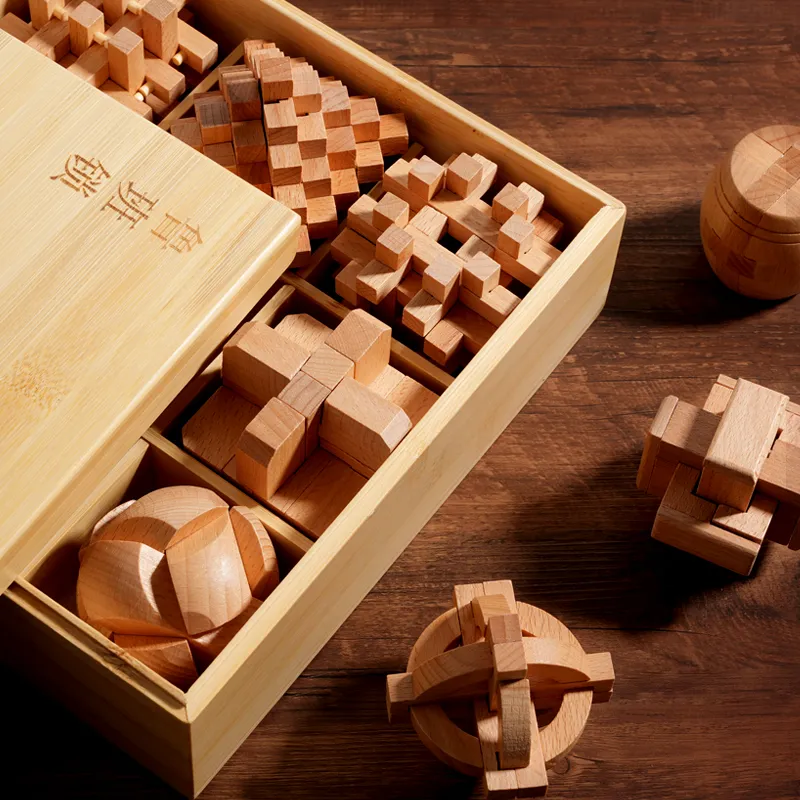 9-Piece Wooden Brain Teaser Puzzle Set - Handmade Beech Kongming ...