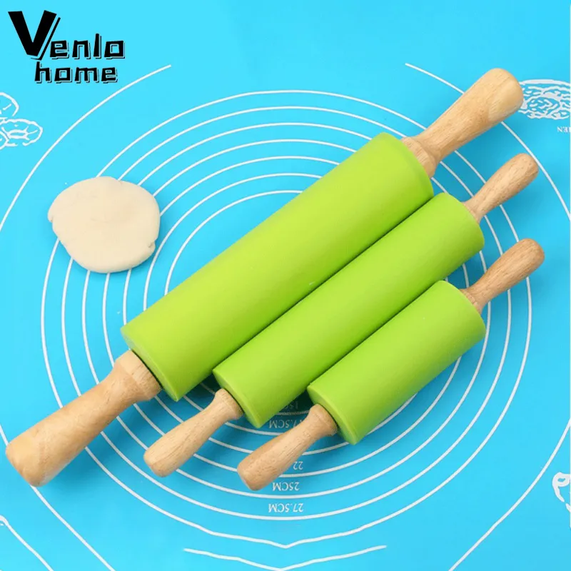 Silicone Rolling Pin with Wooden Handle - Non-Stick Pastry Dough Roller ...
