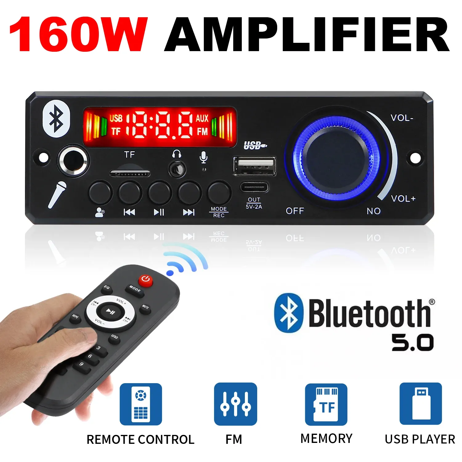 Advanced MP3 Decoder Board with Bluetooth 5.0, 2 x 80W Amplifier, Audio ...