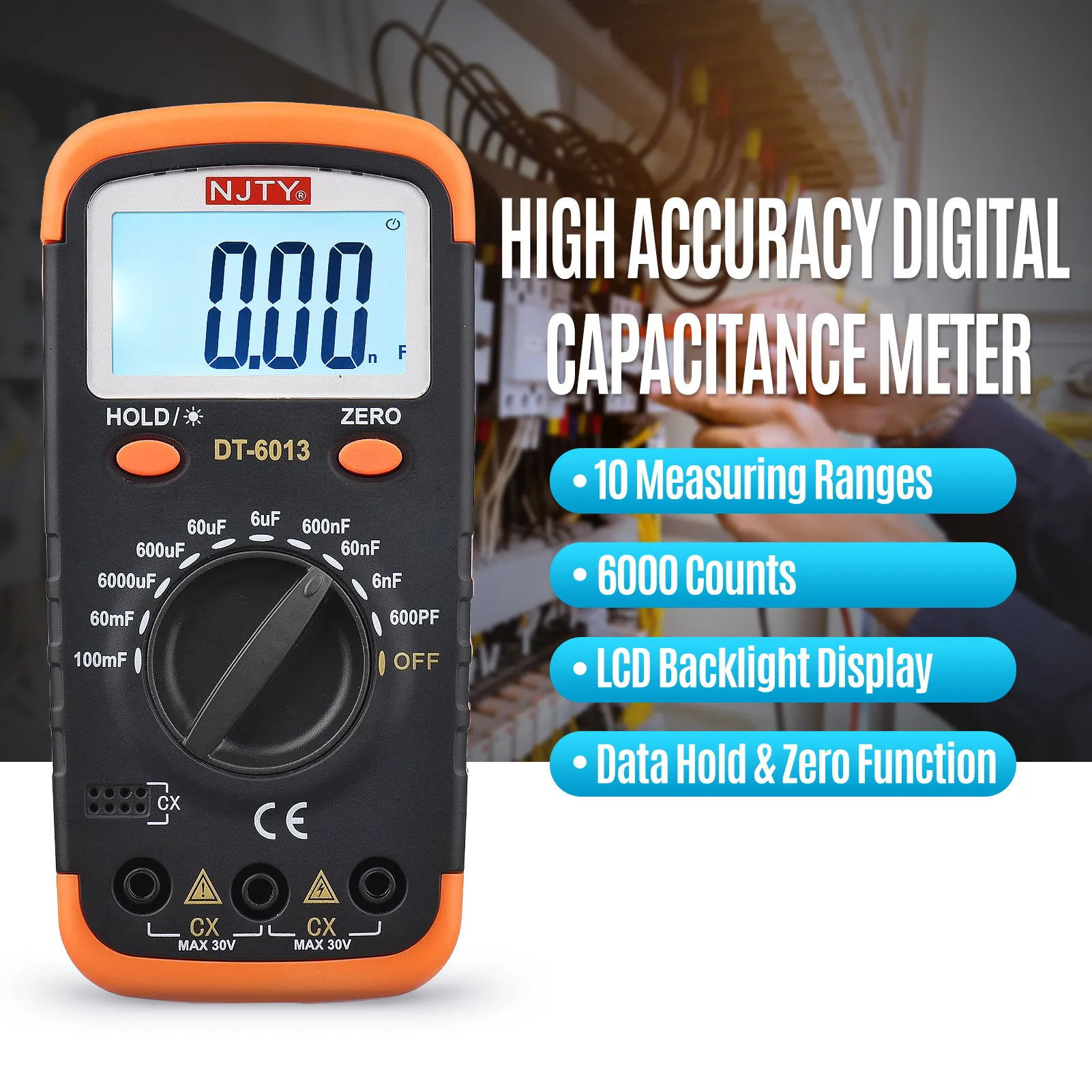 NJTY High-Precision Capacitance Meter w/ LCD Display, 600pF-100mF, 6000 ...