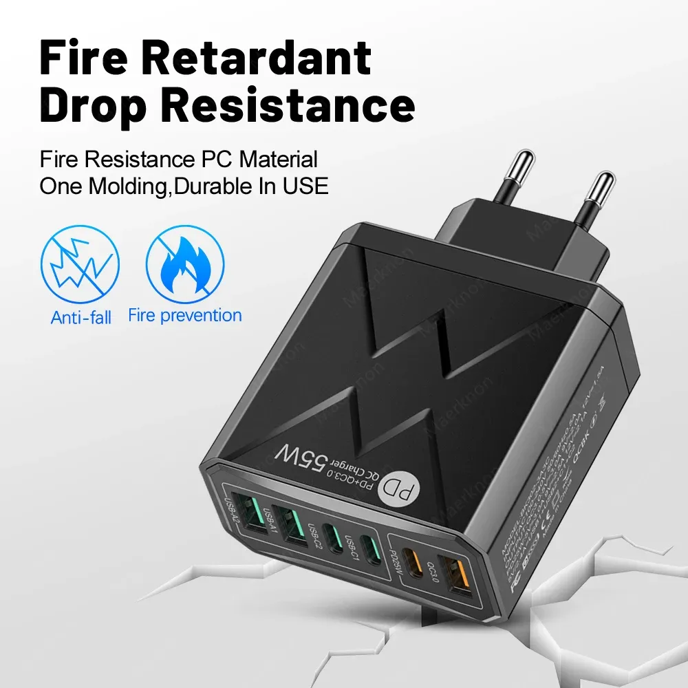 6 Ports High Speed USB Charger Type C PD, 55W Quick Charge Power ...