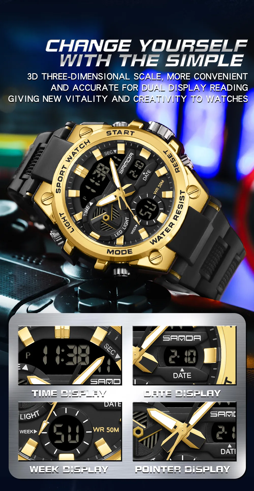 SAMDA Sport Watches For Men 50M Waterproof LED Dual Display Quartz ...