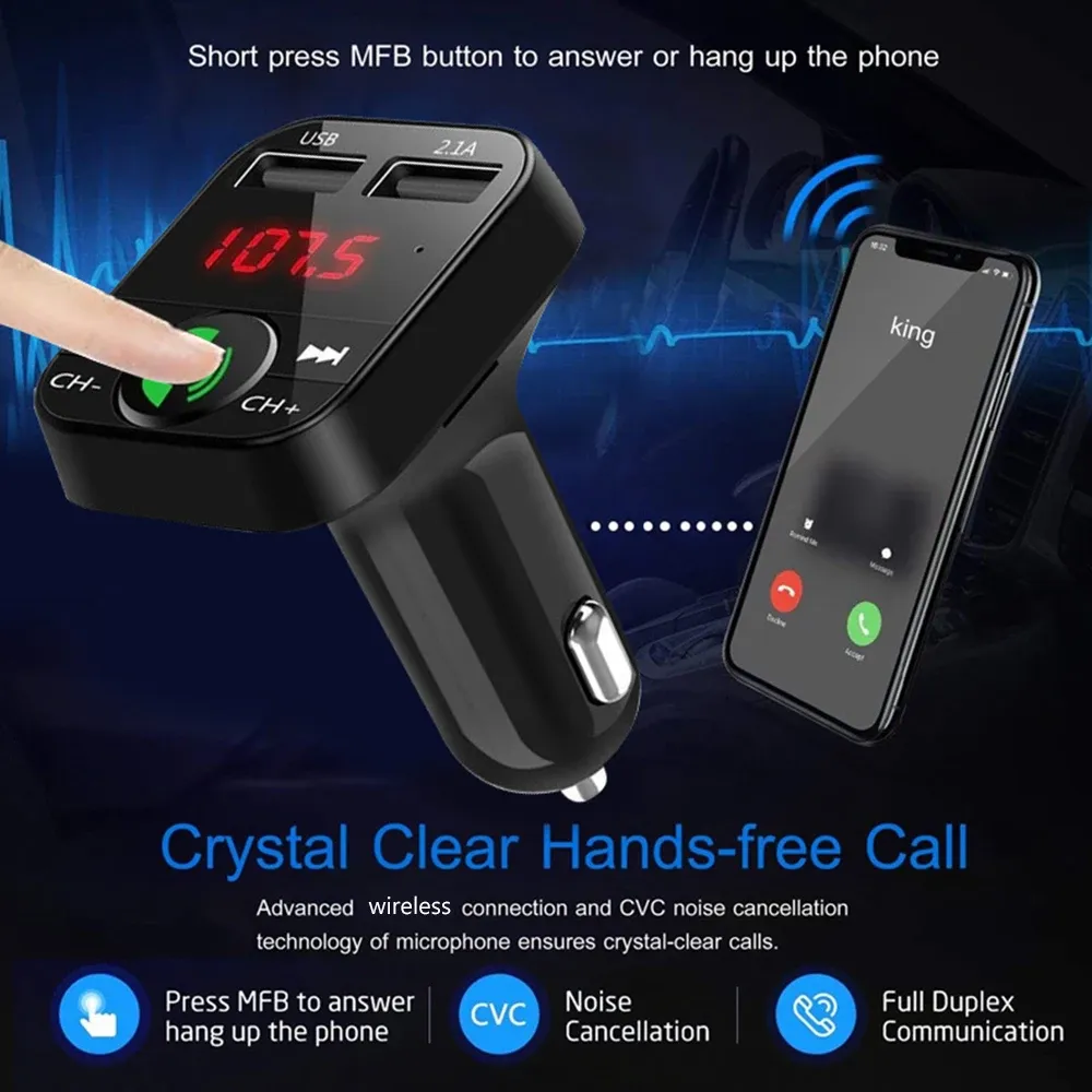 Car Charger Bluetooth FM Transmitter 12V-24V Dual USB Cigarette Lighter ...