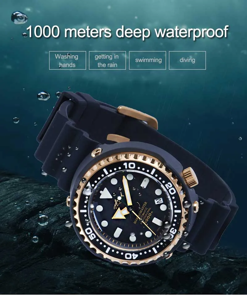 HEIMDALLR Men's Tuna Diving Watch 1000M Waterproof Golden Plated Black ...
