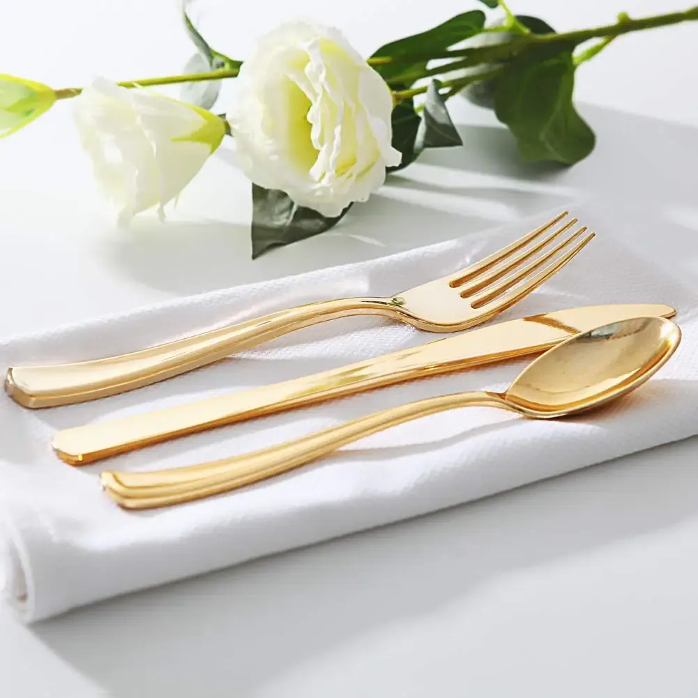 Rose Gold Disposable Plastic Cutlery Set with 25 Forks, 25 Spoons, 25 ...