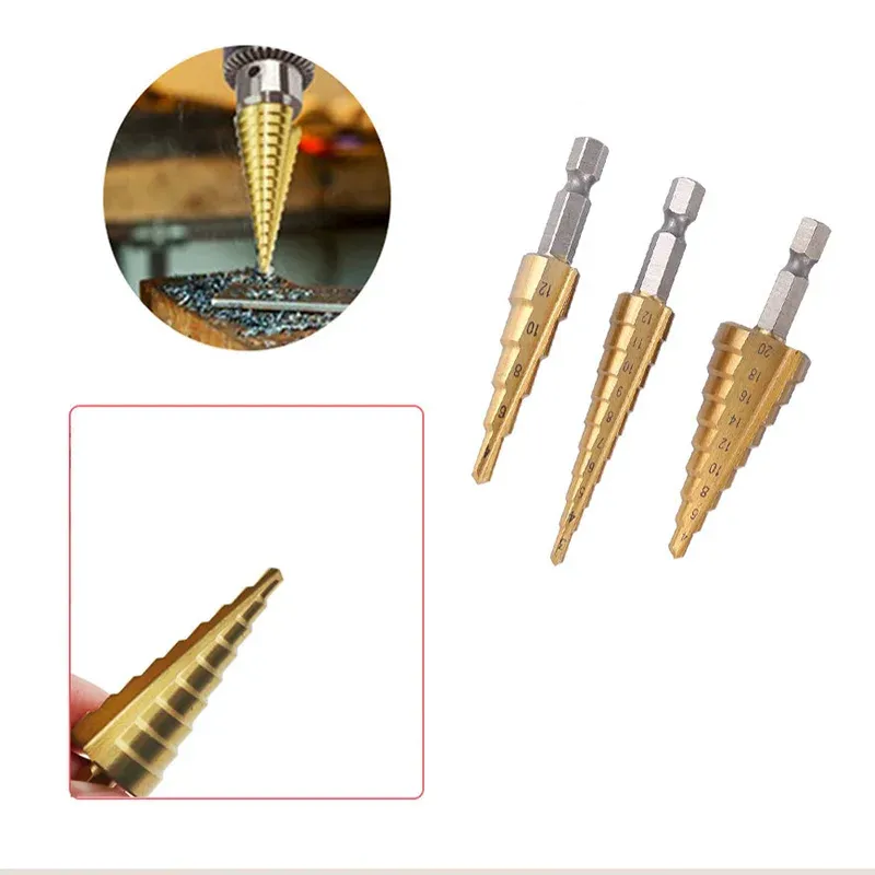 Set of 7 HSS Straight Groove Step Drill Bit - Titanium Coated Wood ...