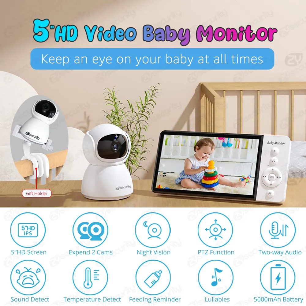 5 HD Baby Monitor With Wireless Cctv Camera, Pan Tilt, 4X Zoom, 5000mAh ...