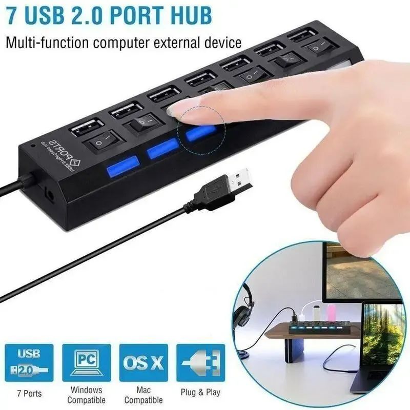 Laptop USB Hub 4 Port USB 2.0 Multiport Adapter With Power Switch USB ...