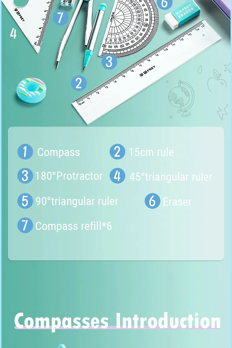 Geometric Mathematical Drawing Tool Set with Compass Protractor Ruler ...