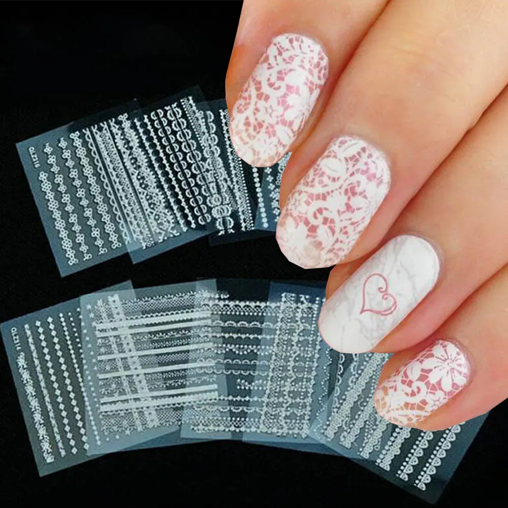 White Lace Nail Art Stickers 3D Mix Design Self-Adhesive Slider Decals ...