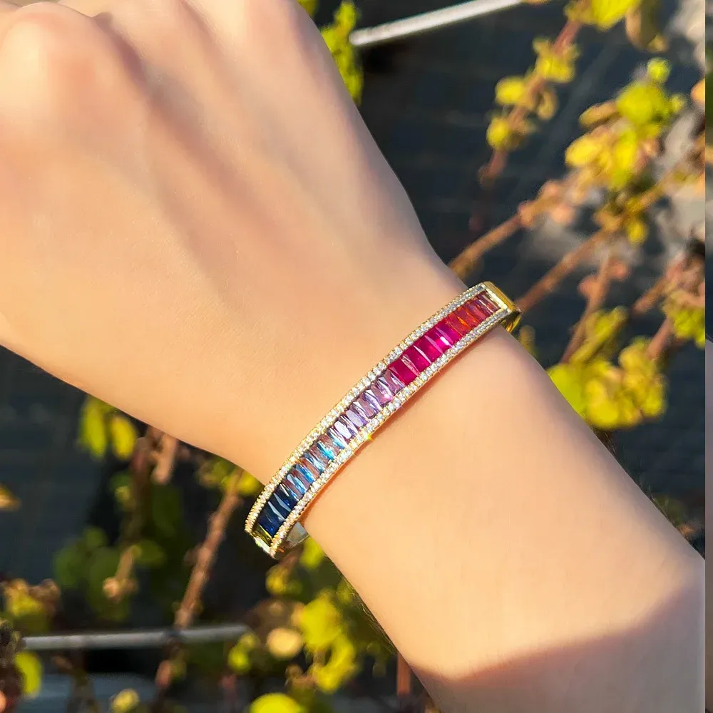 Unique Rainbow CZ Open Cuff Bangle | 2024 Brazilian Gold Plated Jewelry ...