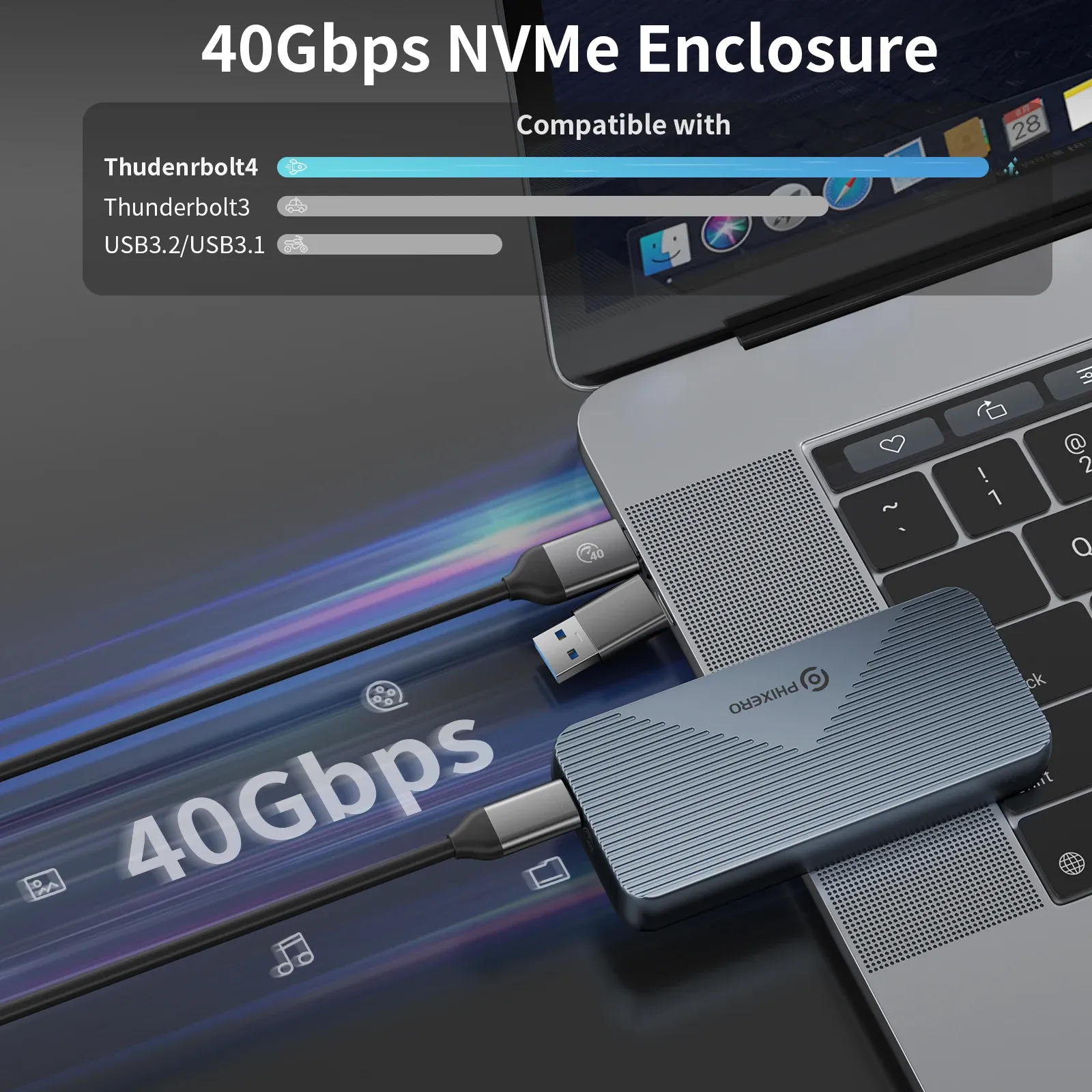 PHIXERO USB4 NVMe SSD Enclosure 40Gbps PCIe3.0x4 Aluminum M.2 SSD Case ...