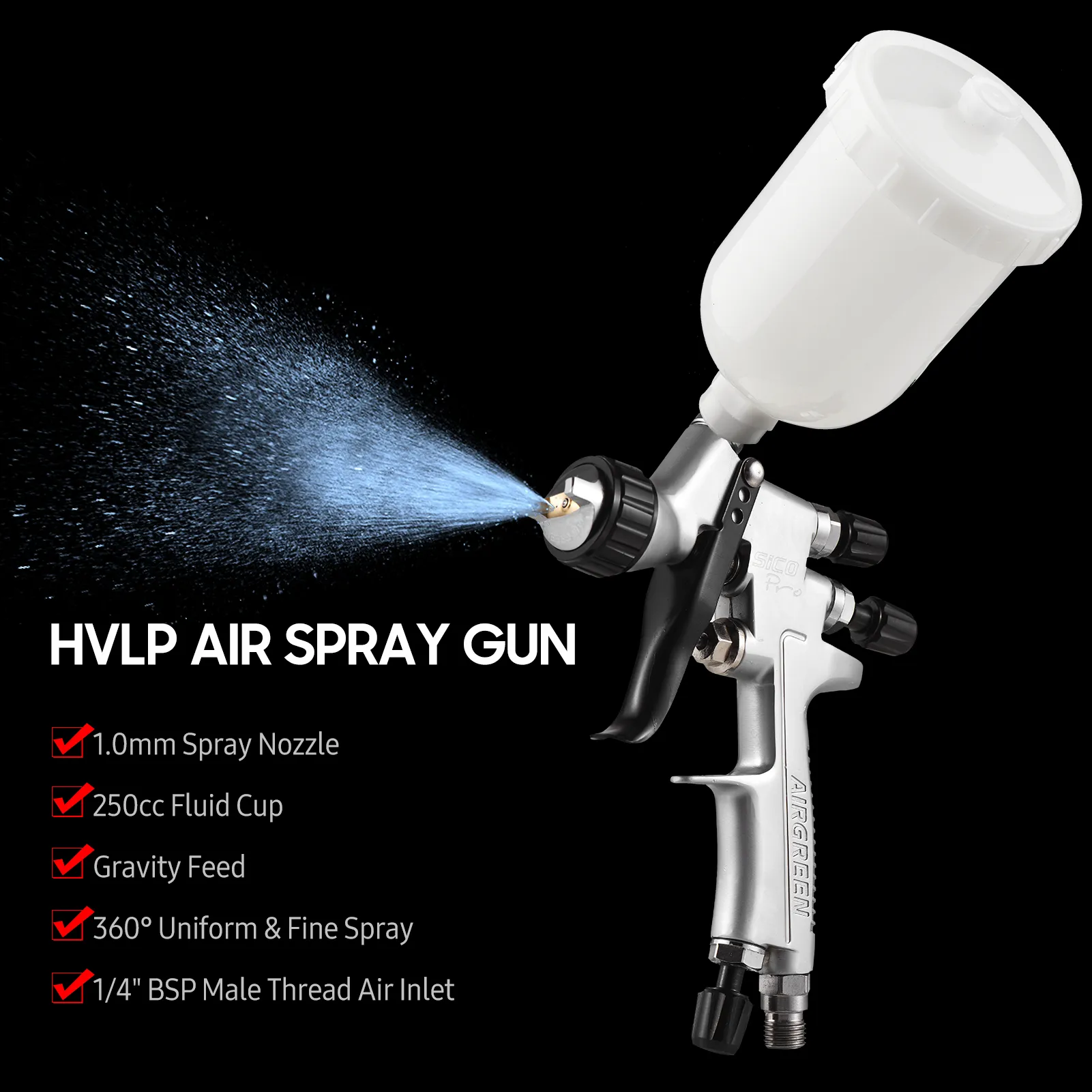 HVLP Air Spray Gun Kit: 1.0mm Nozzle, 250cc Gravity Feed For Precise ...
