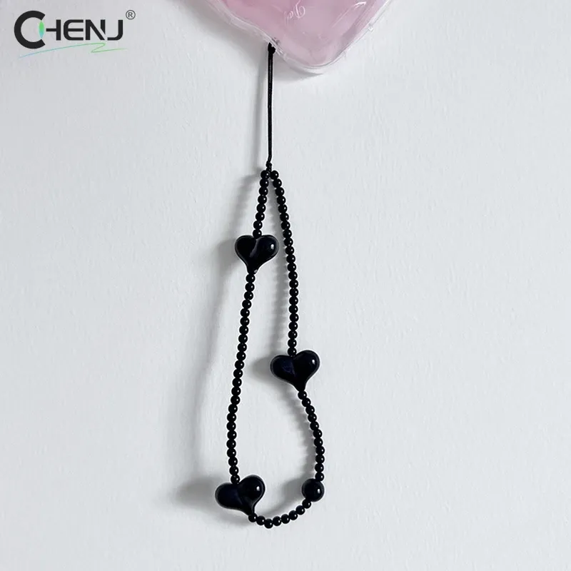 Black Heart Acrylic Beaded Phone Charm Lanyard Wristlet String for Cell ...