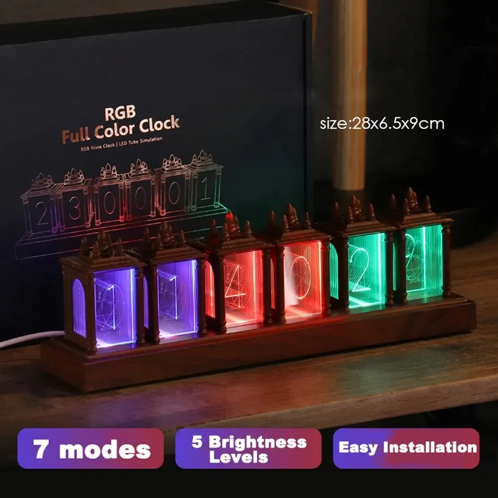 2024RGB LED Digital Nixie Tube Clock, Walnut Wood Night Light, Digital ...