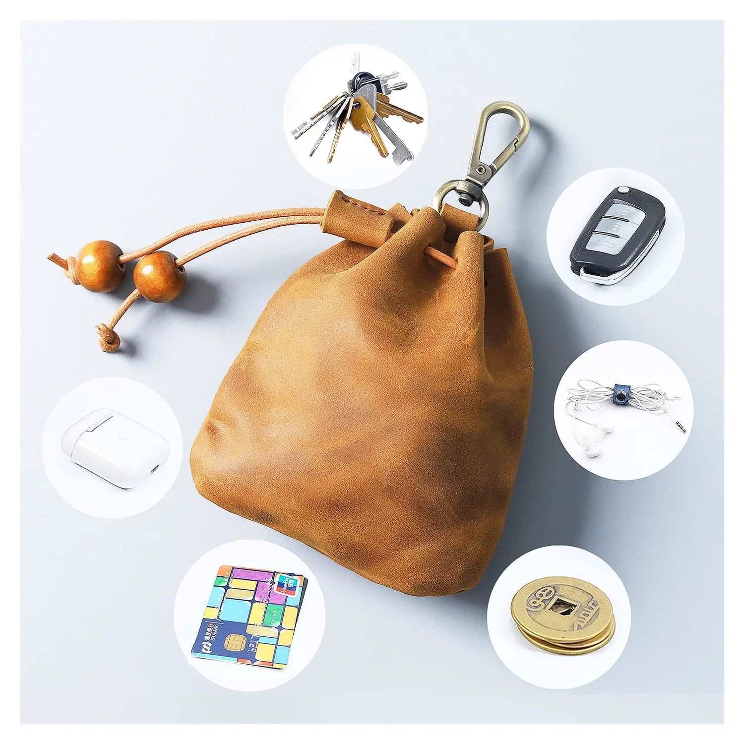 Premium Leather Keychain Coin Purse - Handmade Retro Drawstring Wallet ...