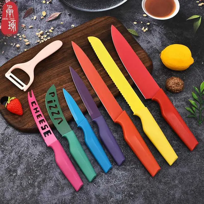 Professional Rainbow Kitchen Knife Set With Safety Scissors, Peeling ...