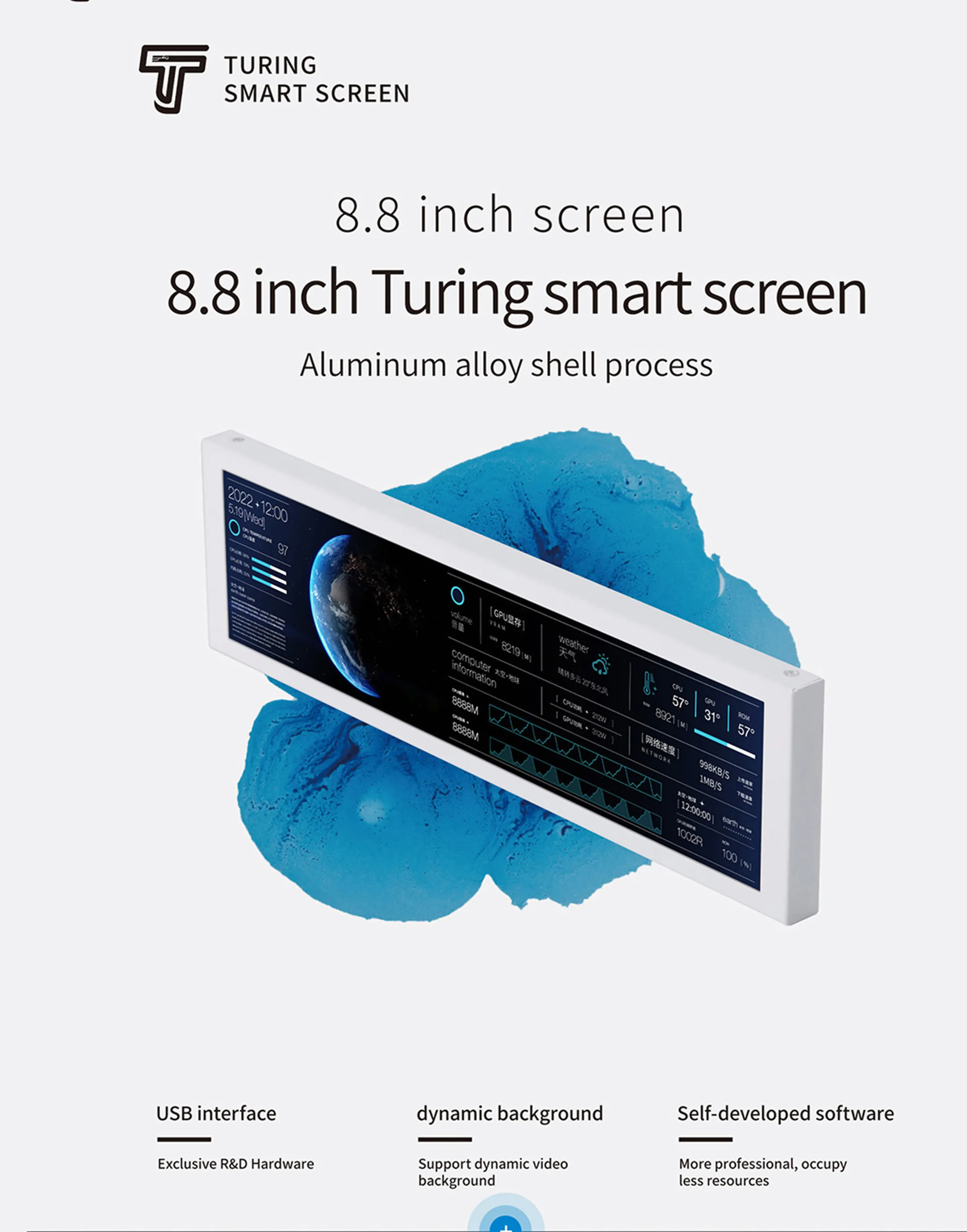 2024 Upgraded Turing 8.8 IPS Type C Secondary Screen: Real Time CPU/GPU/RAM Monitor From ...