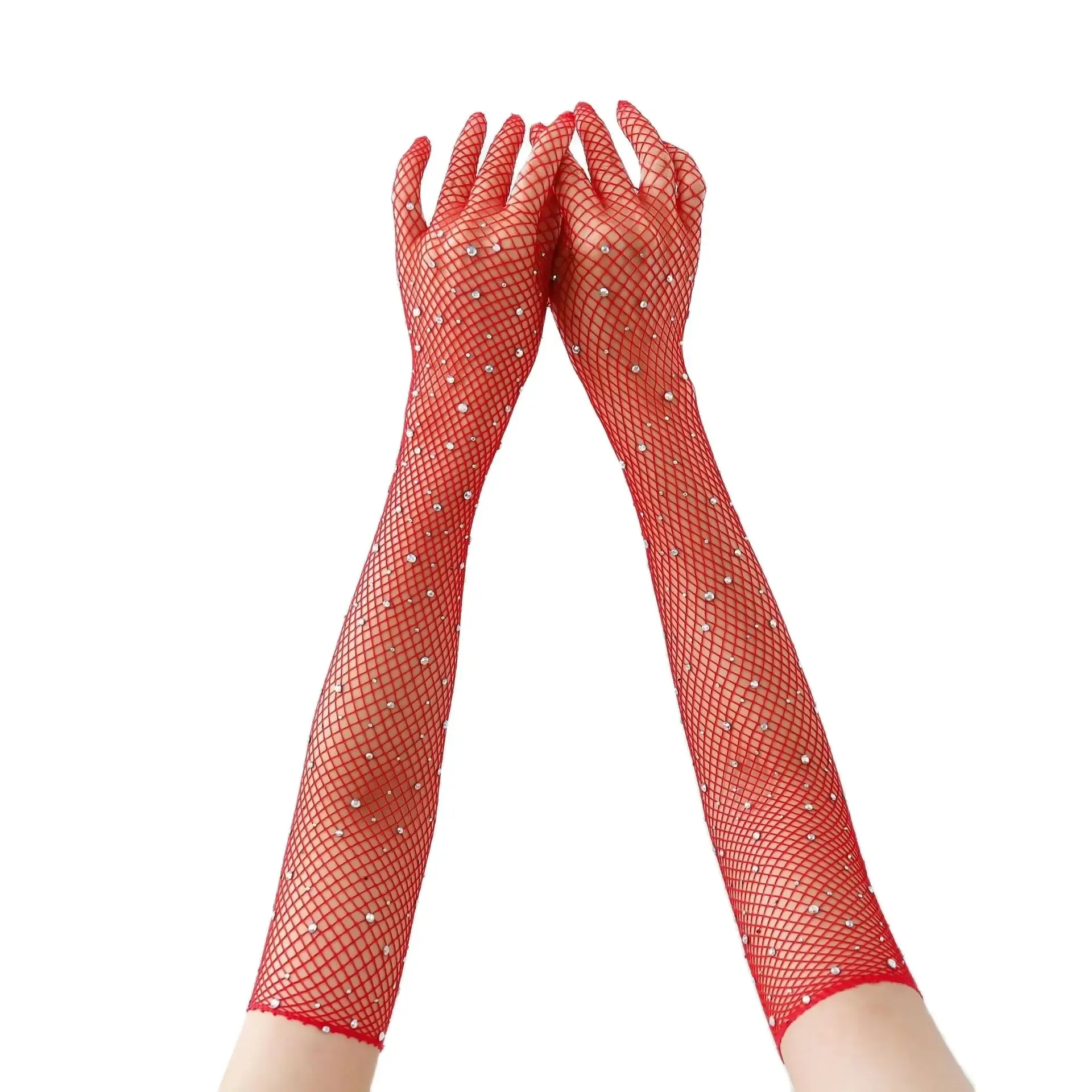 Long Mesh Fishnet Gloves with Rhinestones - Black, White, Red - Hollow ...