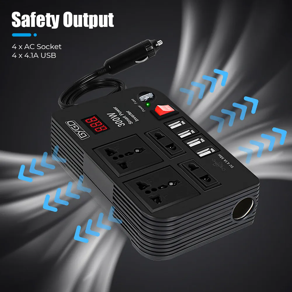 Car Power Adapters 300W Car Inverter: 4 AC Outlets, 4 USB Ports, 12V To ...