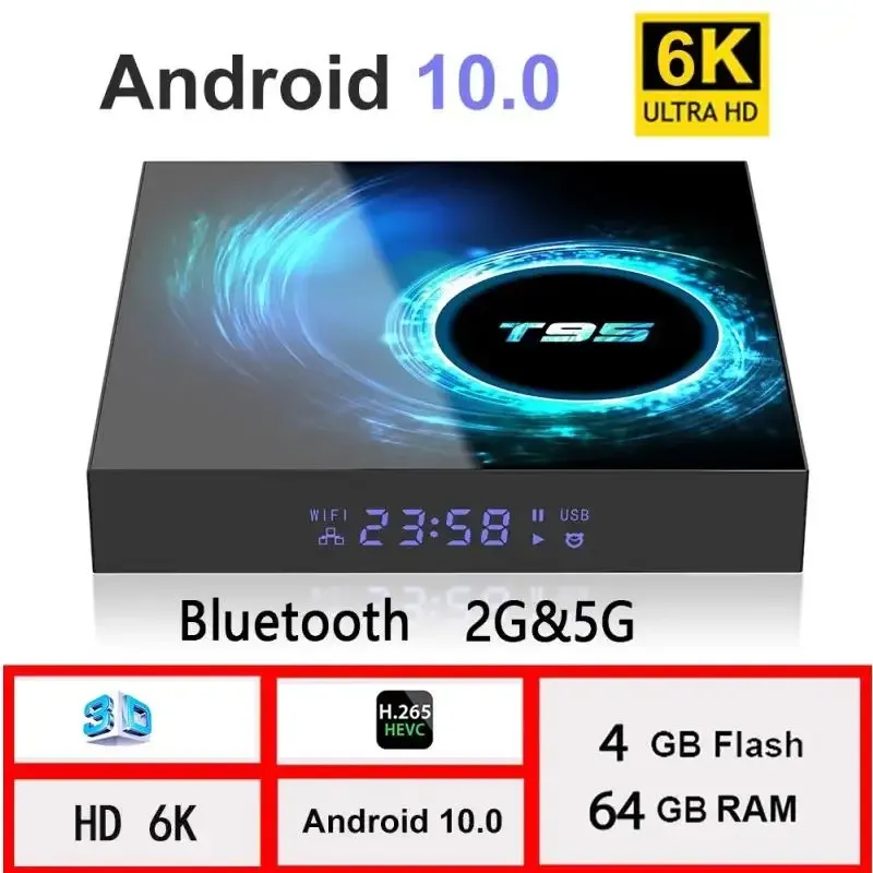 T95 Smart TV Box: Android 10, 6K HD Set Top Box with Multiple Video Formats, 4G/5G WiFi ...