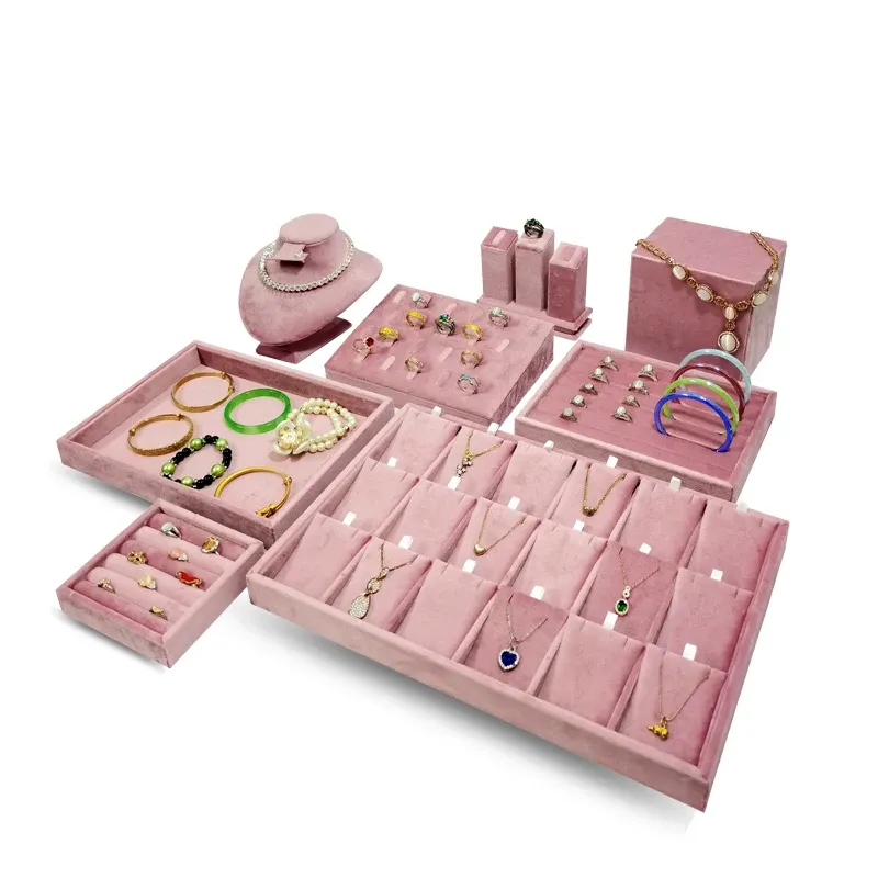 Luxury Pink Velvet Jewelry Organizer Display Trays For Rings, Earrings ...