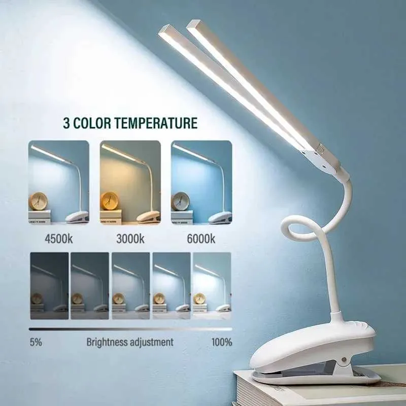 Dimmable LED Clip-On Reading Lamp - Dual Head Eye Protection Desk Light ...