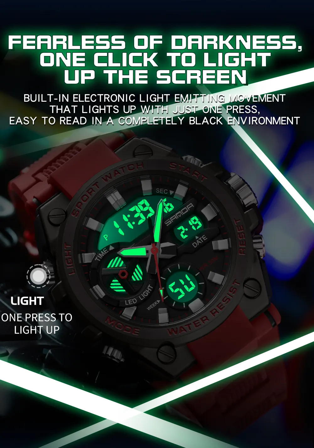 SAMDA Sport Watches For Men 50M Waterproof LED Dual Display Quartz ...