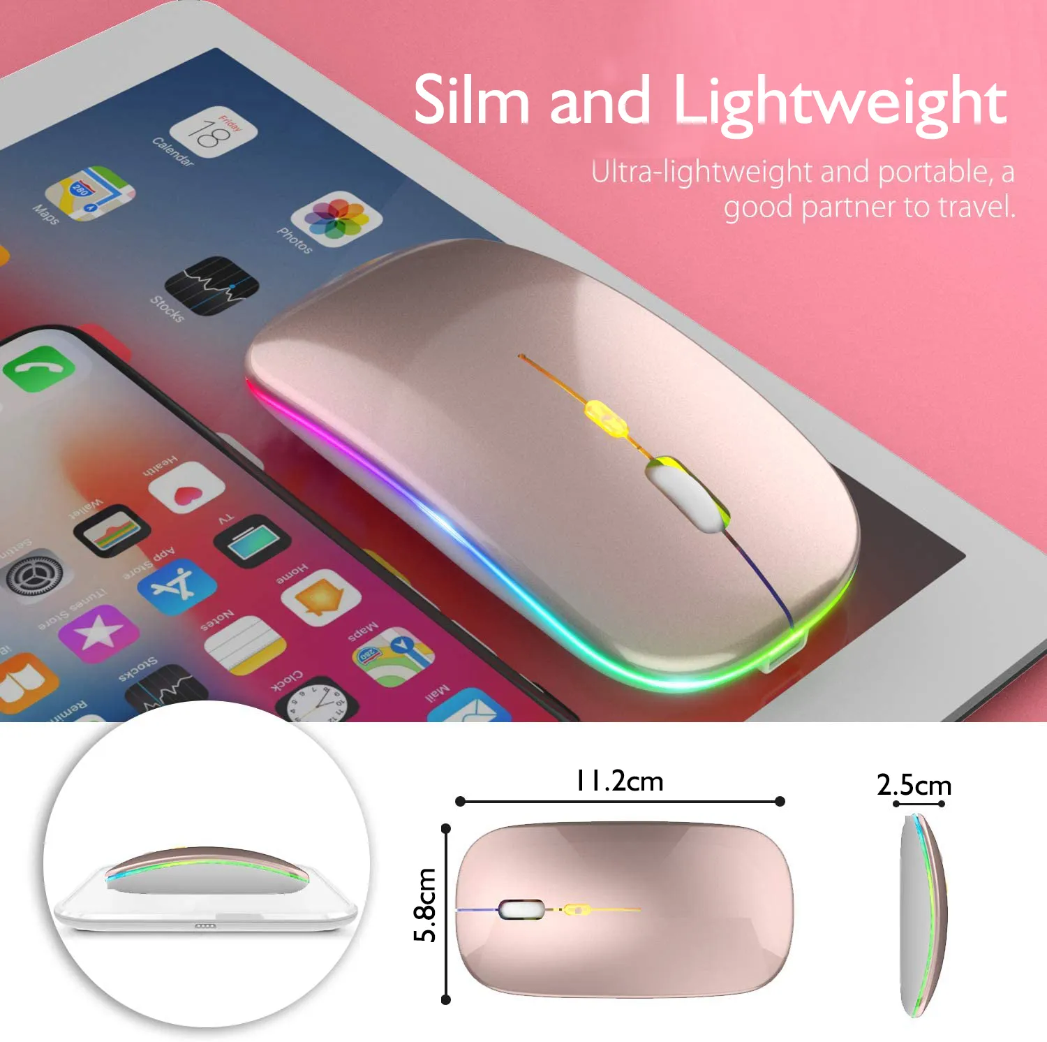 LED Wireless Slim Rechargeable Silent RGB Ergonomic Gaming Mouse for ...