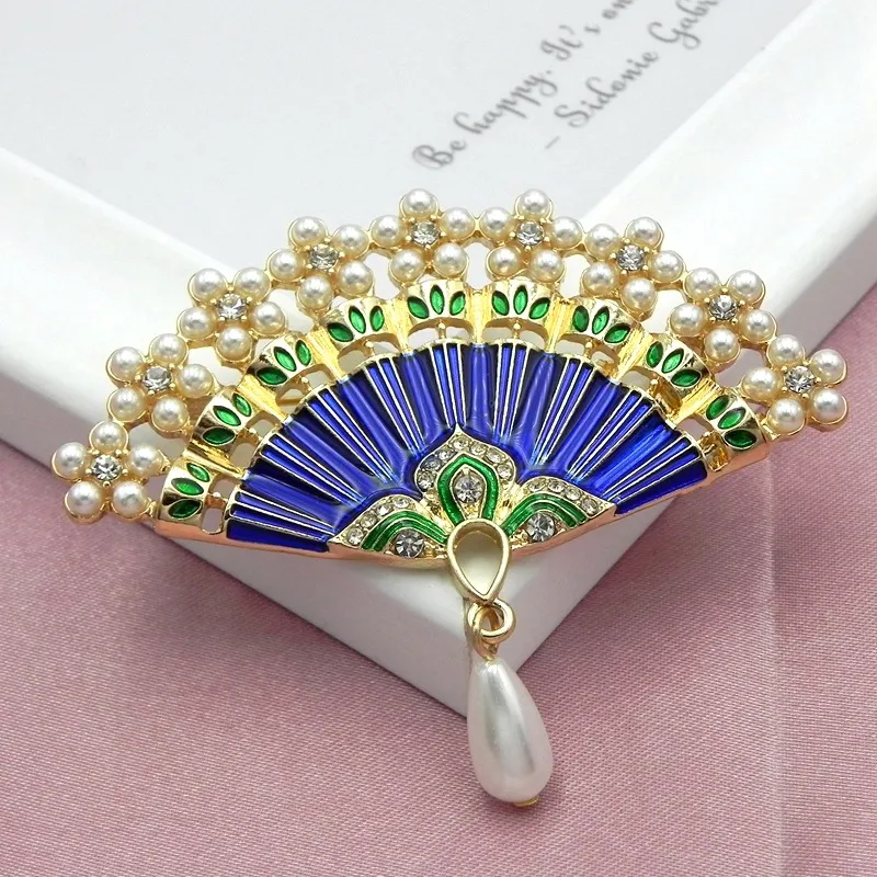 Women's Brooch Pin Retro Fan Design Enamel Pearl Metal Clothing ...