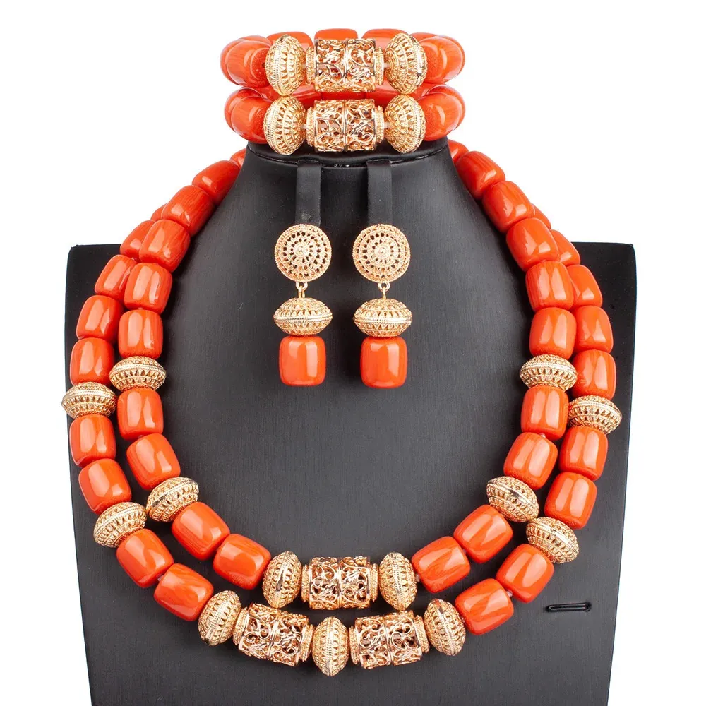 High Quality 2 Layers Artificial Coral Bead African Wedding Jewelry Set Women Necklace Nigeria Bride Party Gift 240320