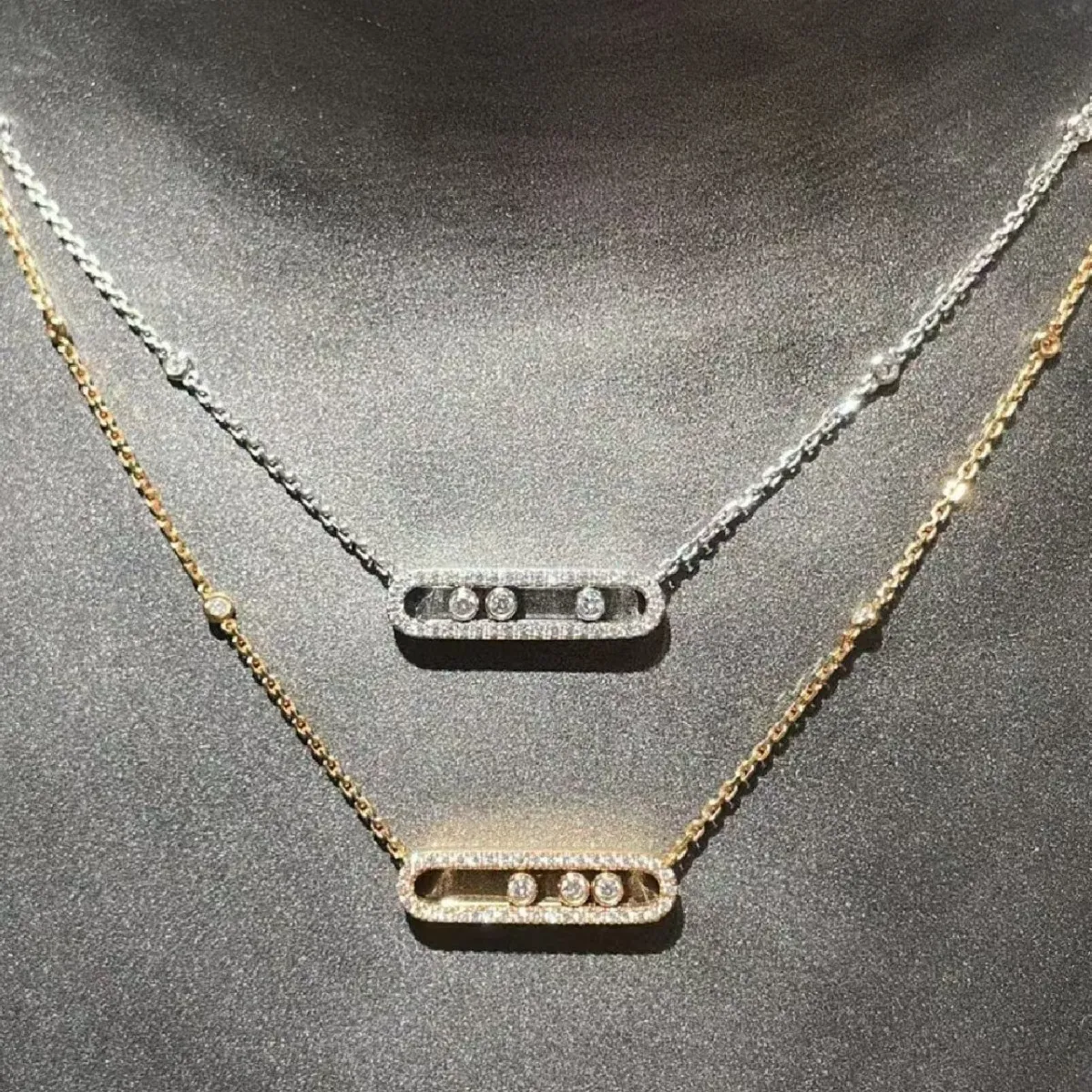 High Version Diamond Necklace Three Diamond Geometric Pendant Sliding ...