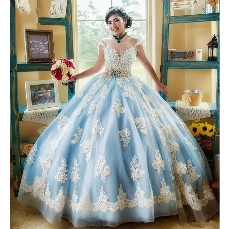Elegant 2021 Quinceanera Sweet 16 Light Blue Prom Dress With Applique ...