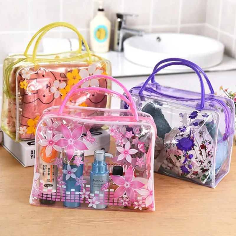 Women Transparent PVC Cosmetic Toiletry Organizer Bag with Fabric Tote ...