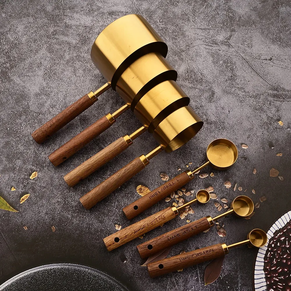 Gold Wooden Handle Stainless Steel Measuring Cups and Spoons Baking ...